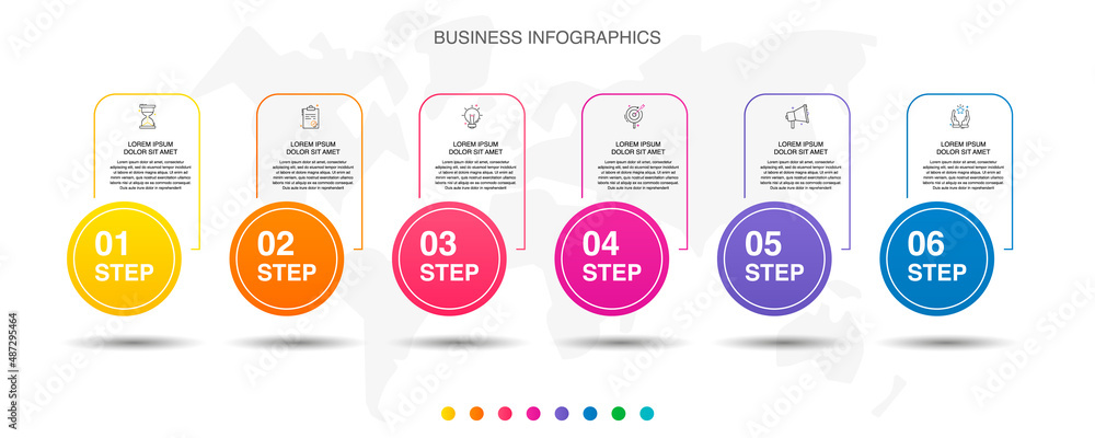 Vector line infographics template for six arrows and circles. Business ...