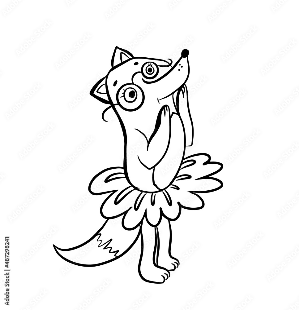 a fox in a tutu, a black and white contour drawing of a fox with ...