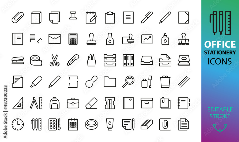 Stationery Items and Office Supplies isolated icons set. Set of paper ...