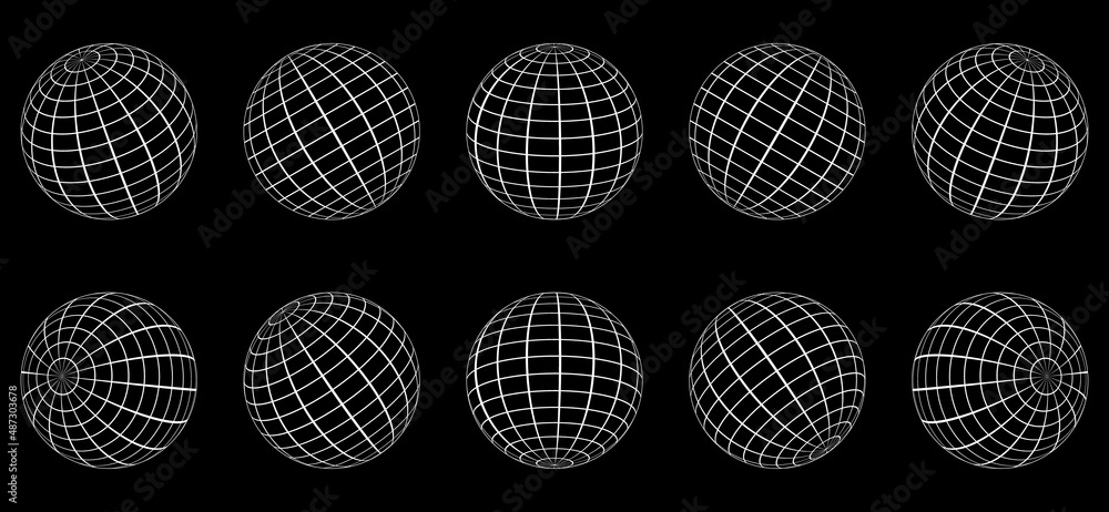 3D White Globe Grid Sphere Set on Black Background. Geometric Round ...
