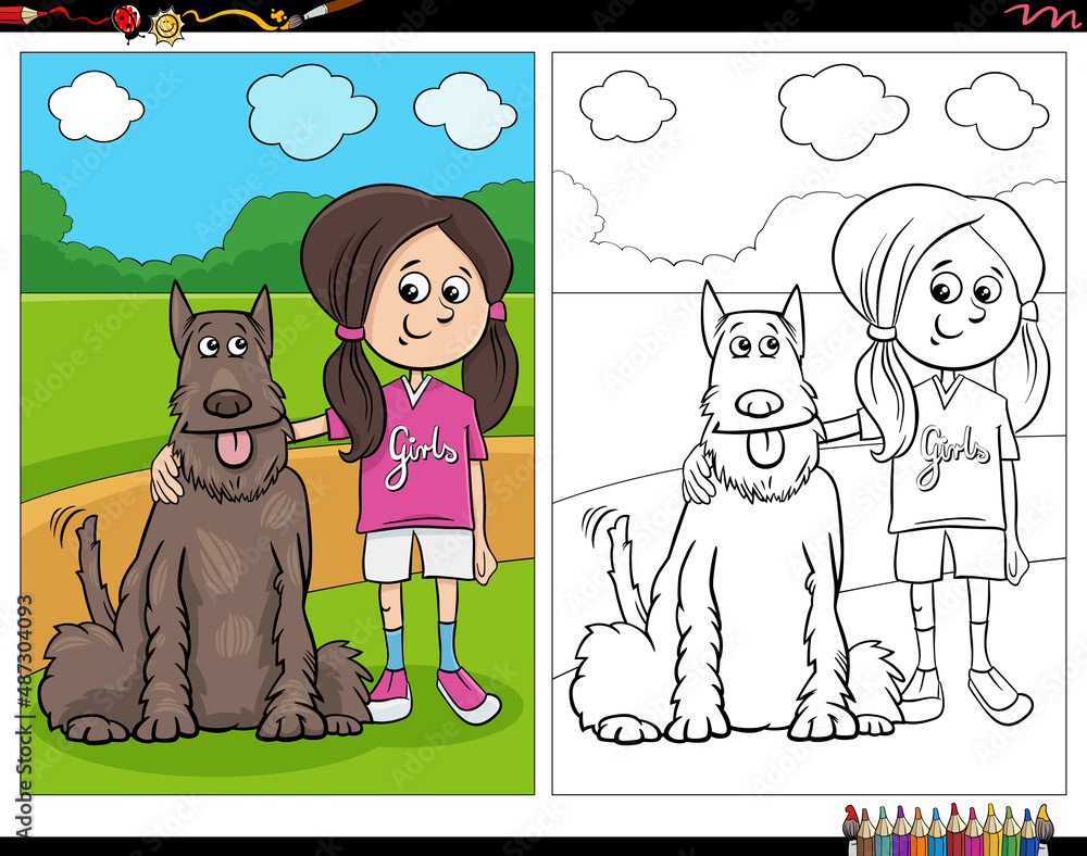 cartoon girl and her dog coloring book page Stock Vector | Adobe Stock
