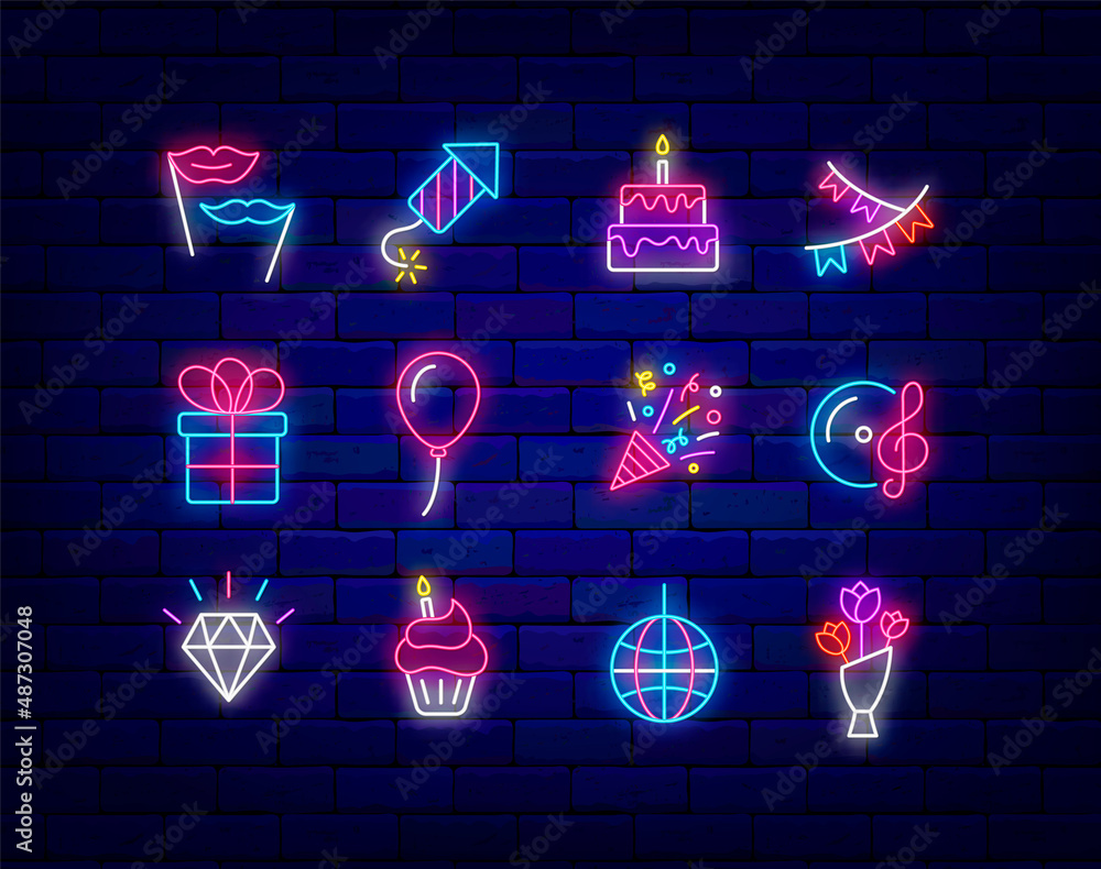 Festival and birthday neon signs collection. Party event. Light effect ...