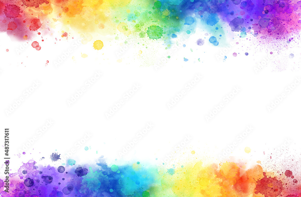 Rainbow watercolor frame background on white. Pure vibrant watercolor ...
