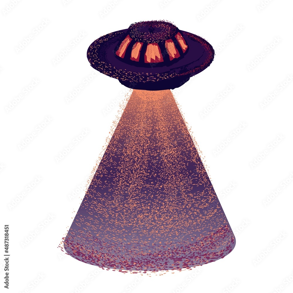 Cartoon UFO with rays of light. Spaceship vector clipart, isolated on ...
