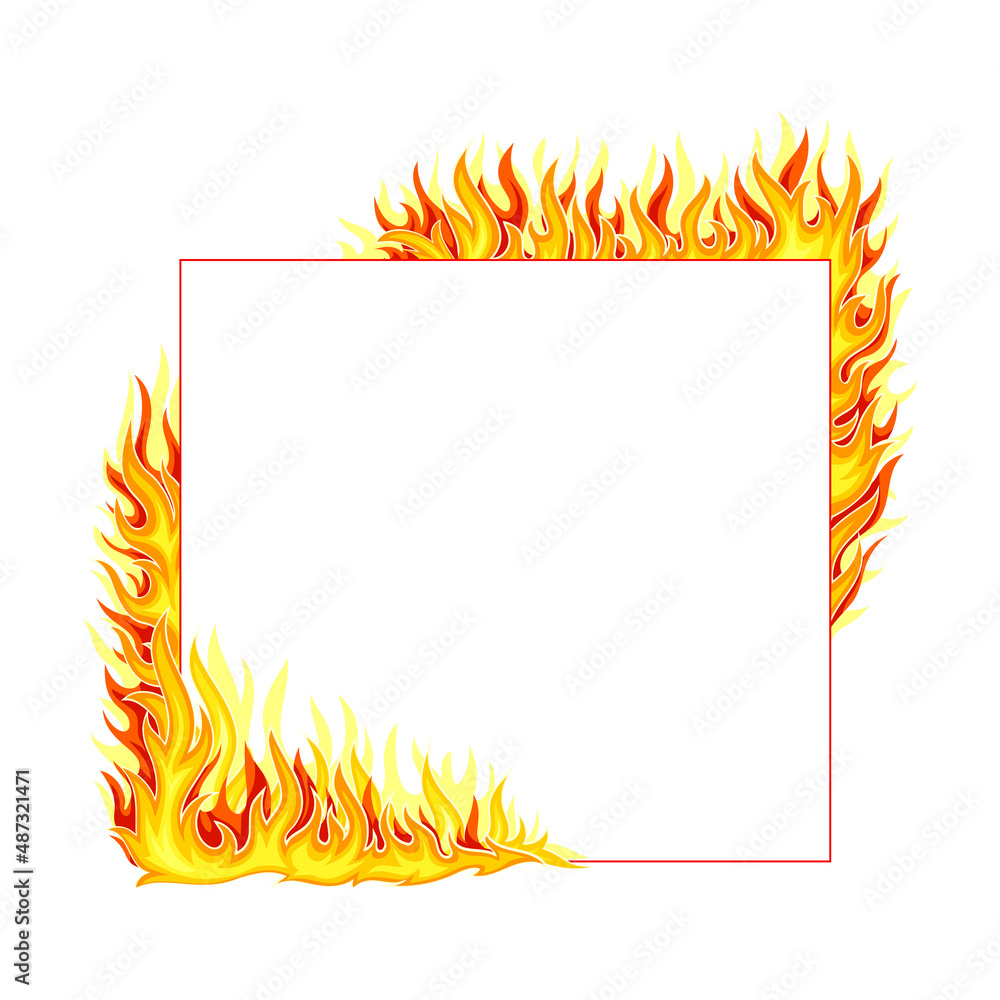 Fire Square Frame with Hot Burning Tongue of Flame and Border Line ...