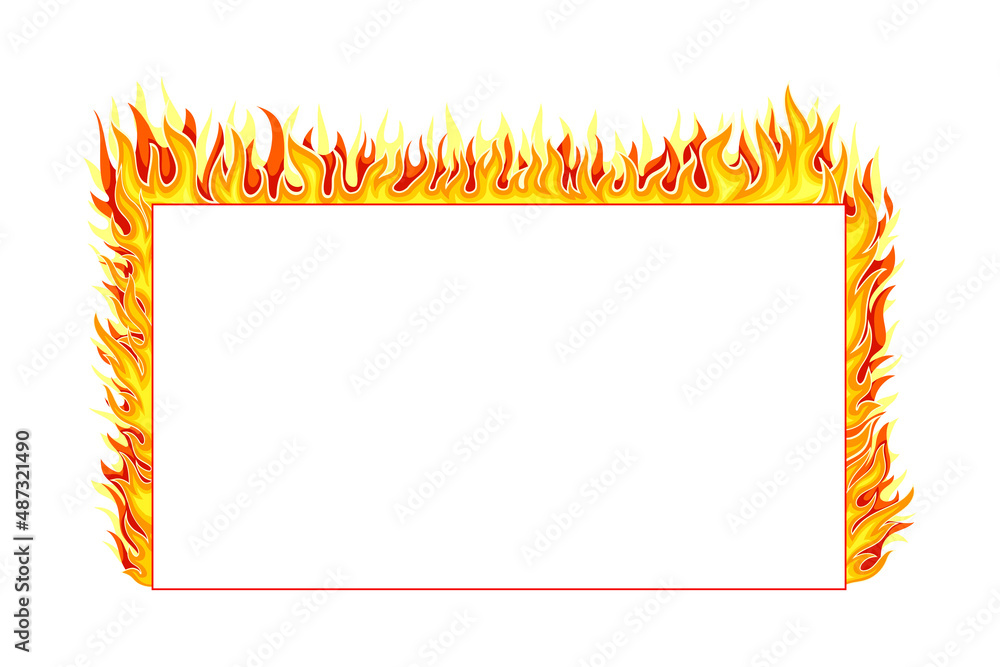 Fire Rectangular Frame with Hot Burning Tongue of Flame and Border Line ...