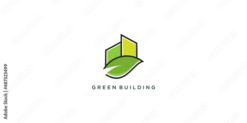 Green building logo design with creative line style Premium Vector ...