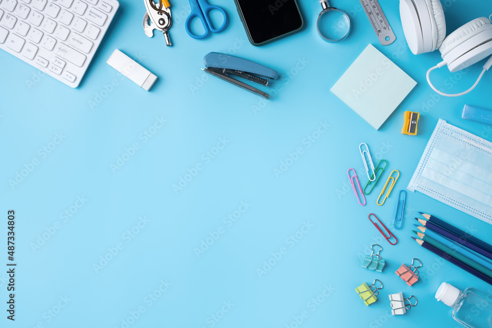 Online learning and back to school design concept. Top view of student ...