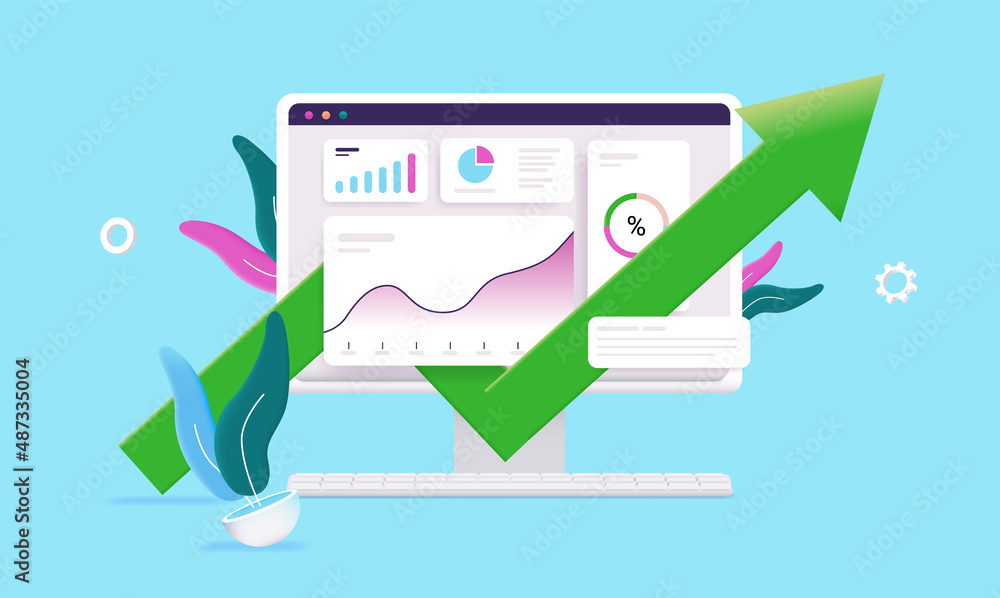 Data growth - Computer screen with positive charts and graphs and green ...