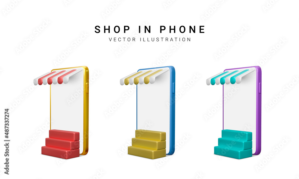 Set of colour 3d realistic store in your phone on white background ...
