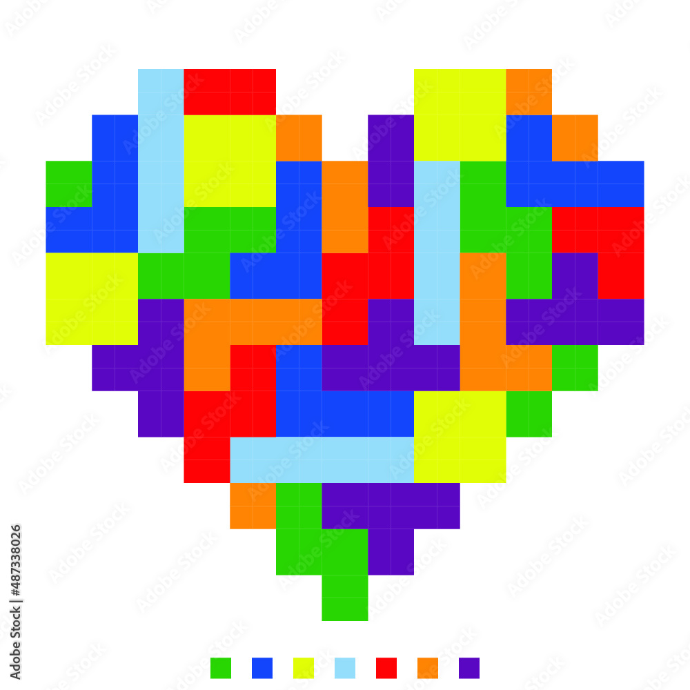 Pixel heart with flying pixels on an edge in colors of LGBT flag ...
