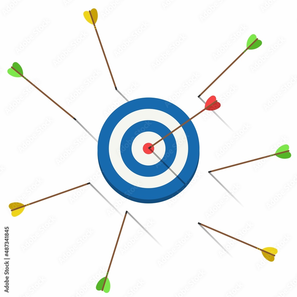 Lots arrows missed hitting target mark and only one hits the center ...