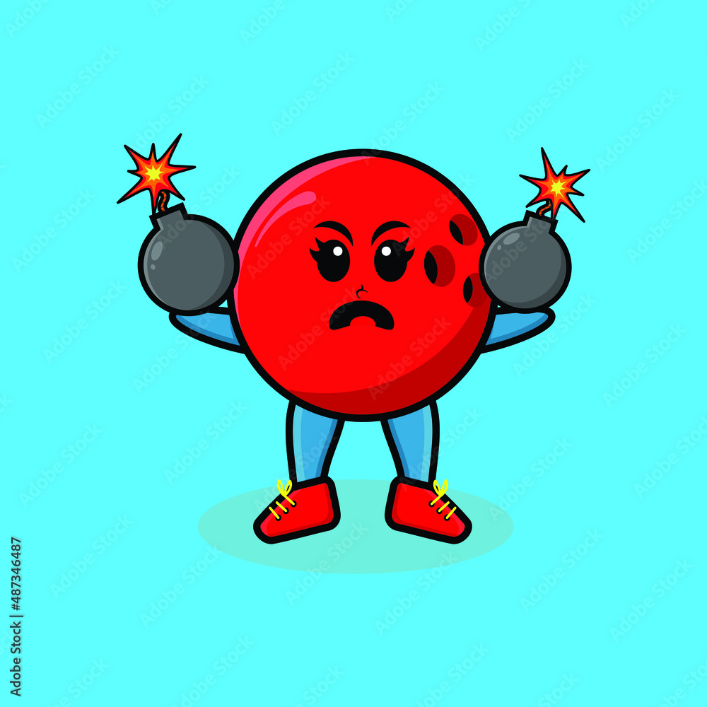 Cute cartoon bowling ball holding bomb with scared expression in 3d ...