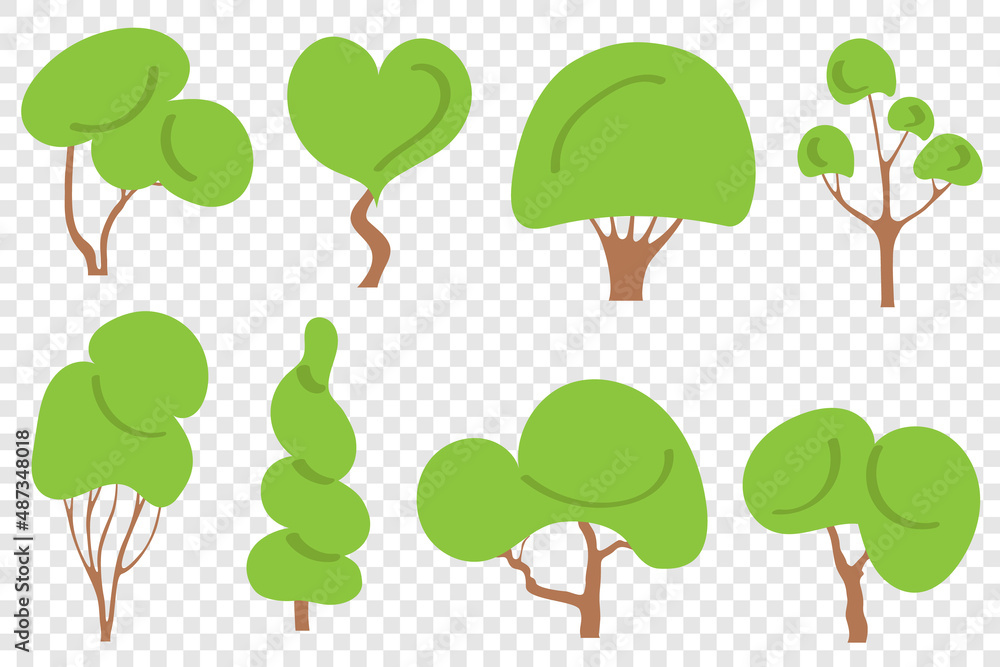 Set of trees with green leaves, flat vector cartoon illustration ...