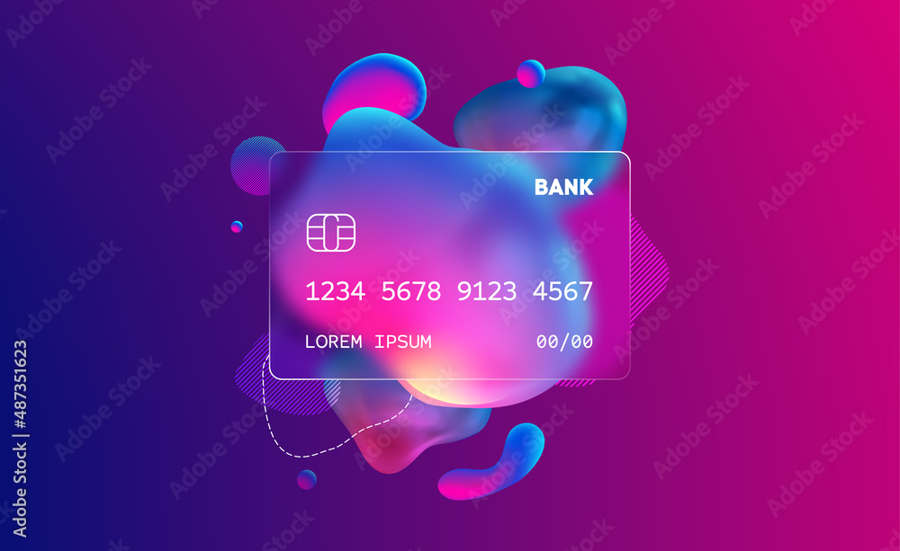 Glass morphism credit card template. Plastic rectangle of transparent ...