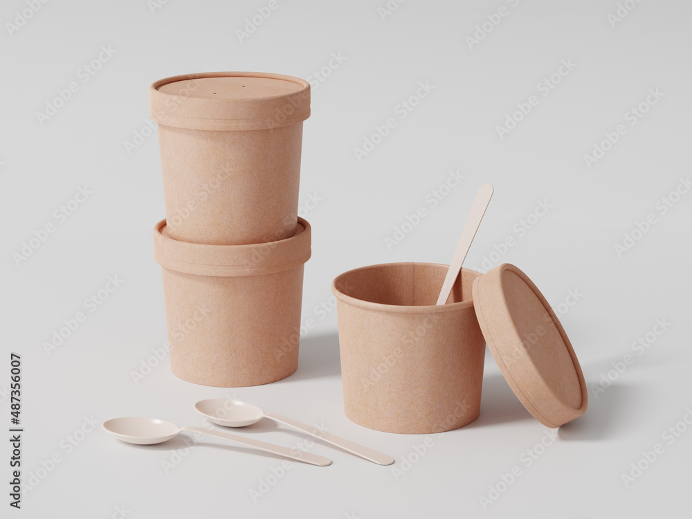 Round paper food packaging box, Kraft paper food container, 3d ...