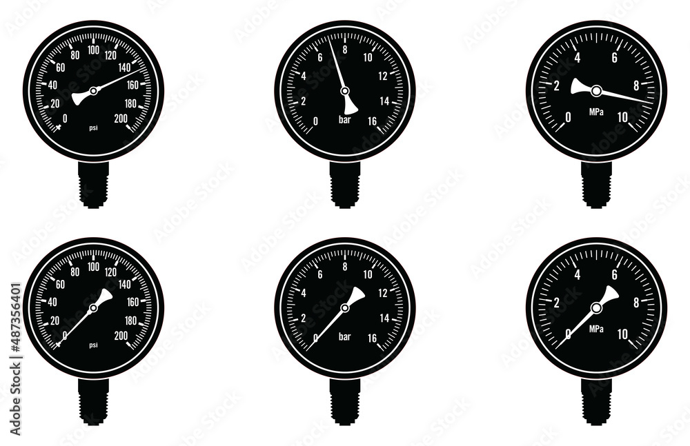 Dial pressure gauges. Measuring instrument. Silhouette vector Stock ...