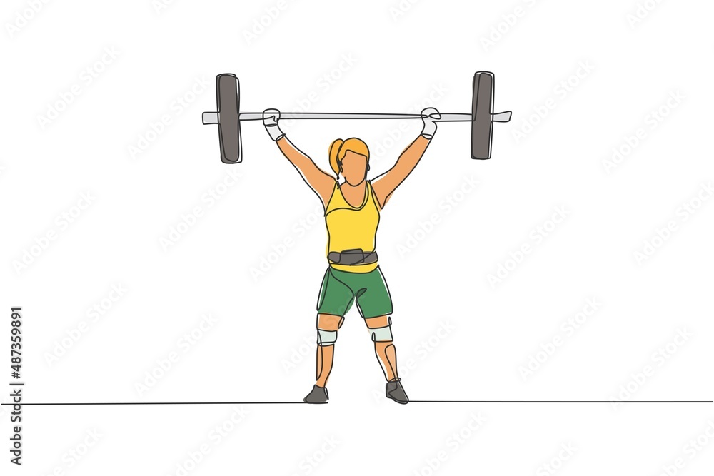 One continuous line drawing young bodybuilder woman doing exercise with ...