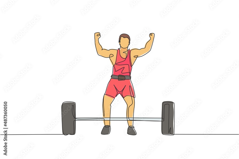 One continuous line drawing of young bodybuilder man doing exercise ...