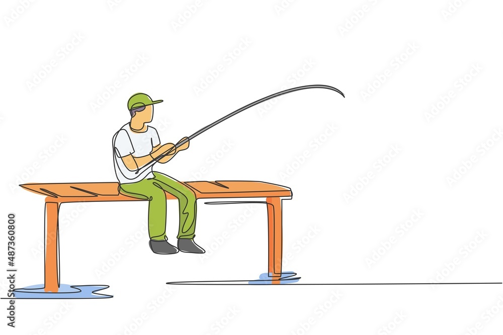 Single continuous line drawing of young happy fisher man fishing big ...