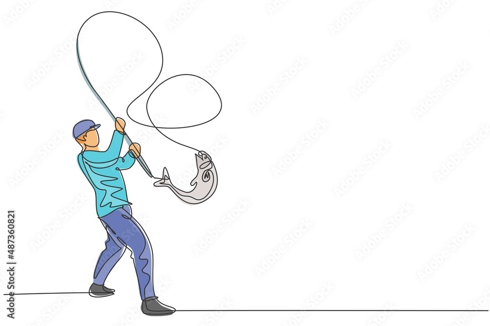Single continuous line drawing young happy fisher man fly fishing ...