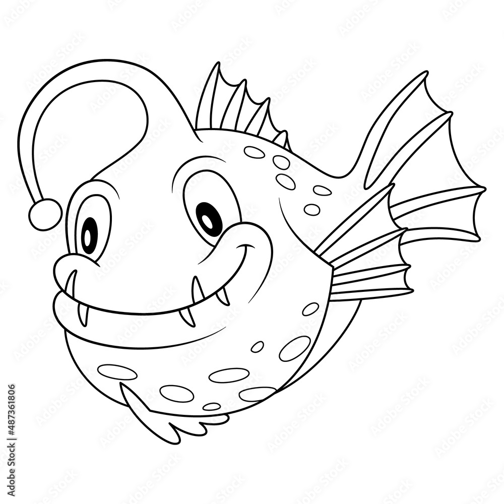 ภาพประกอบสต็อก Anglerfish line art illustration. Happy smiling face ...