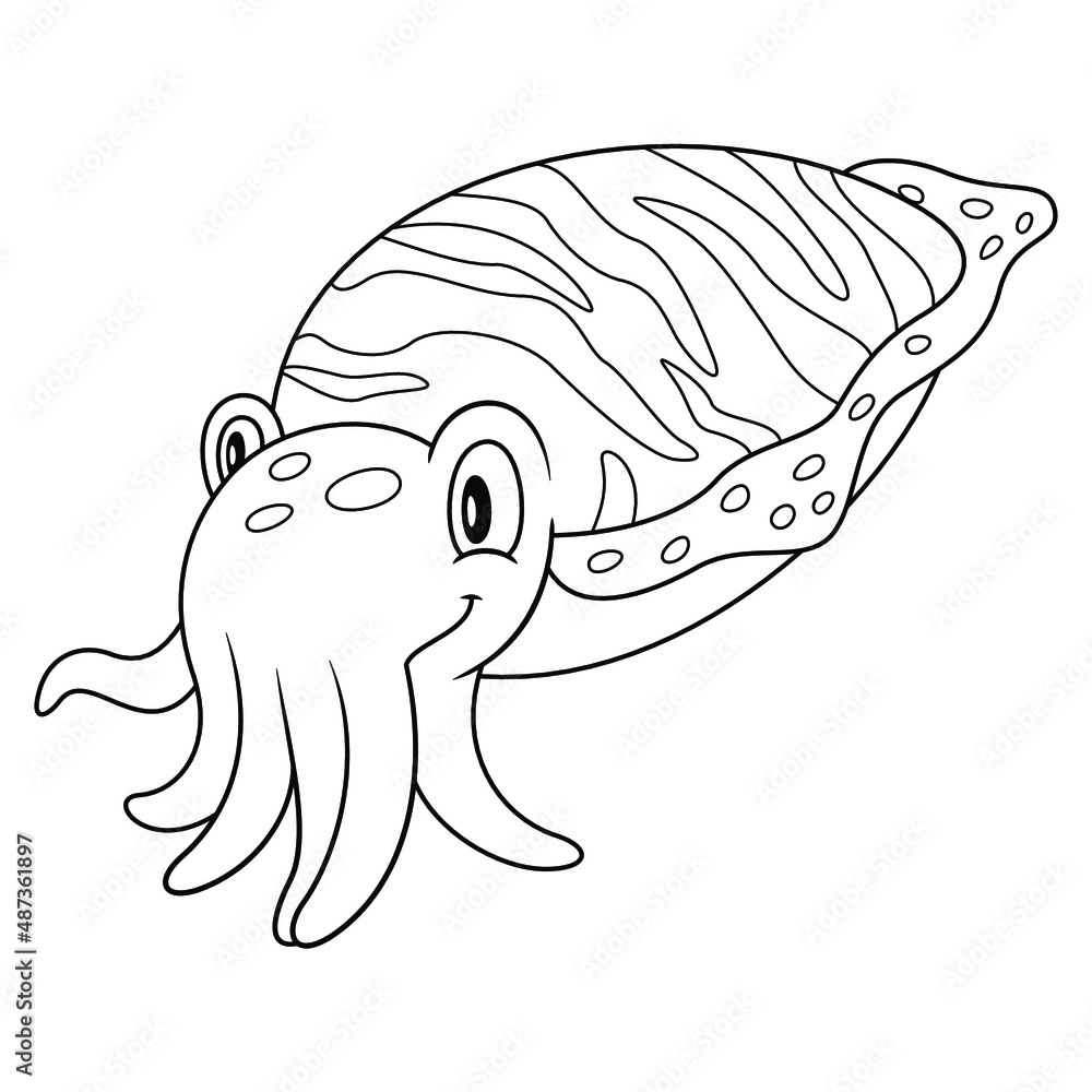 Cuttlefish line art illustration. Happy smiling face. Cheerful mascot ...