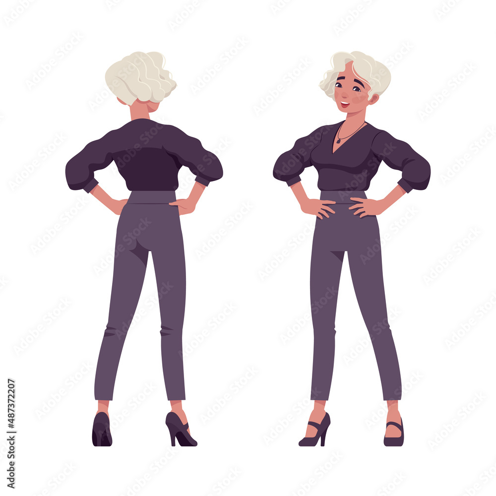 Beautiful akimbo pose blonde woman, white dyed hair, business outfit ...