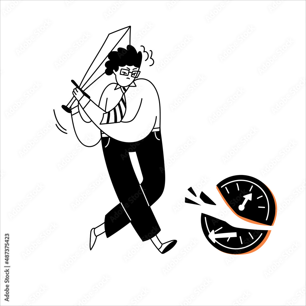 The angry male character is an office worker. A man with glasses swings ...