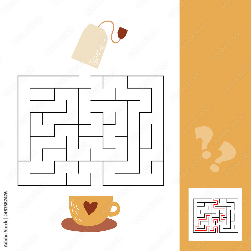 Cup and tea bag. Vector maze game for preschool kids. Simple game for ...