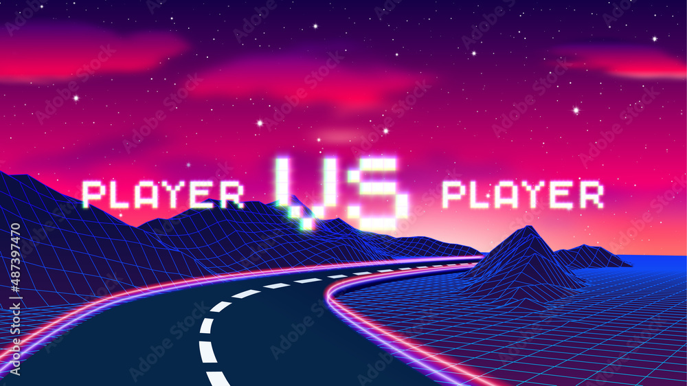 Versus sign with arcade game style with pixel letters over synthwave ...