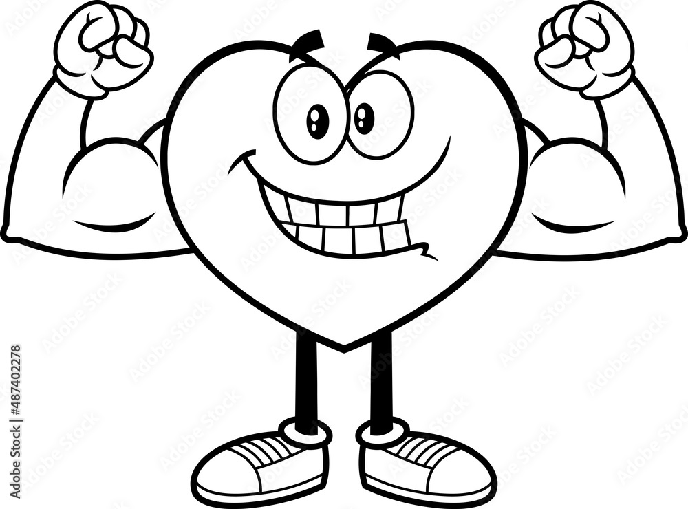 Outlined Heart Cartoon Character Showing Muscle Arms.Vector Hand Drawn ...