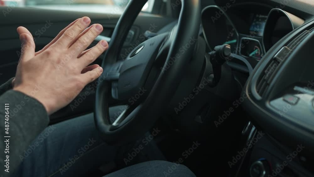 Man driving in innovative automated car using self-parking autopilot ...
