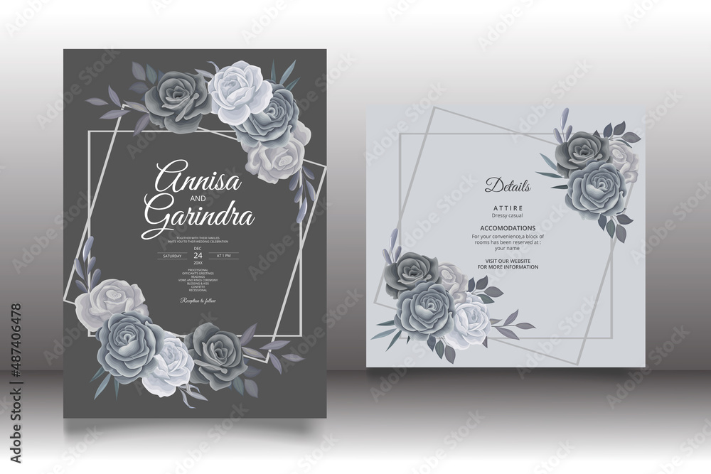 Elegant wedding invitation card with beautiful black grey floral and ...