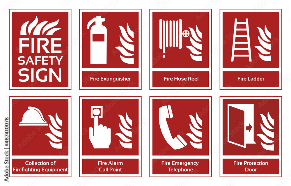 Set of Fire Safety Signs. Collection of Warning Signs Flat Style Vector ...