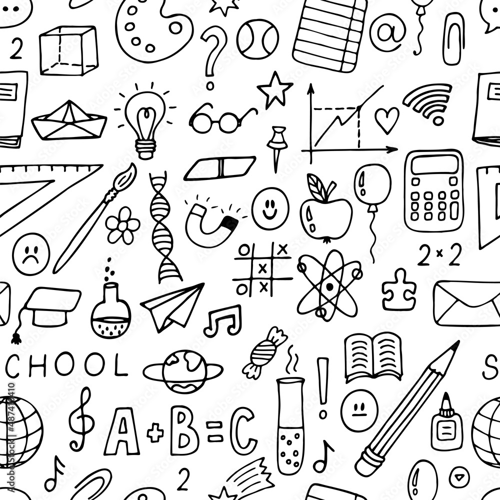 Hand drawn seamless pattern with school objects and symbols. Back to ...