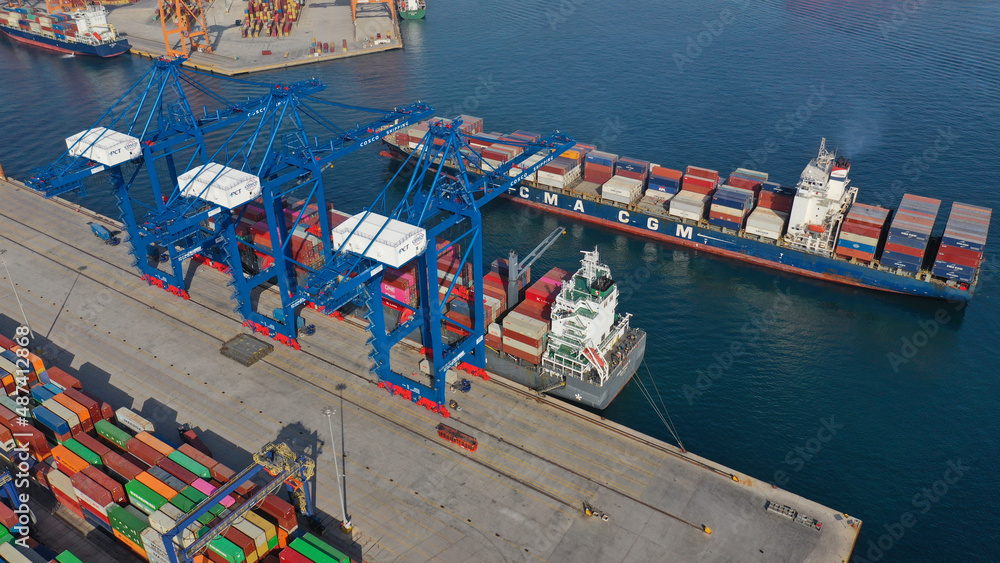 Aerial drone photo of industrial logistics unloading import and export ...