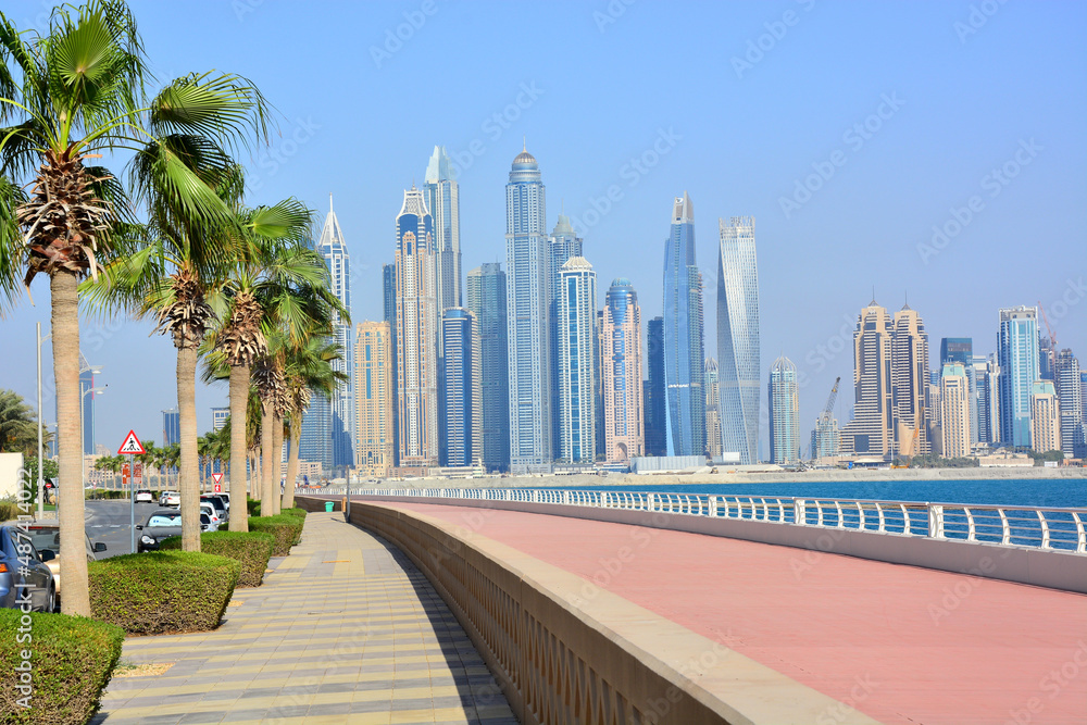 Dubai, UAE - View at skyscrapers from man-made, artificial Palm ...