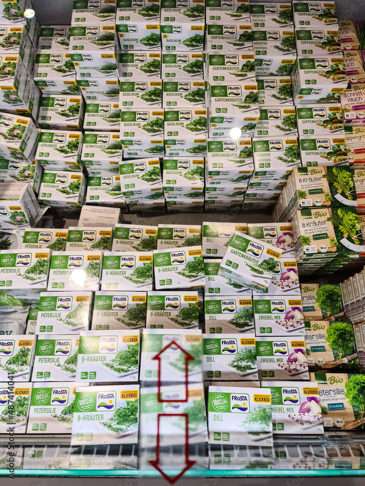 Kiel, Germany - 15. February 2022: Various pack of Frosta brand herb ...