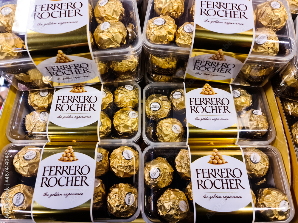 Kiel, Germany - 15. February 2022: A stack of Ferrero Rocher brand ...