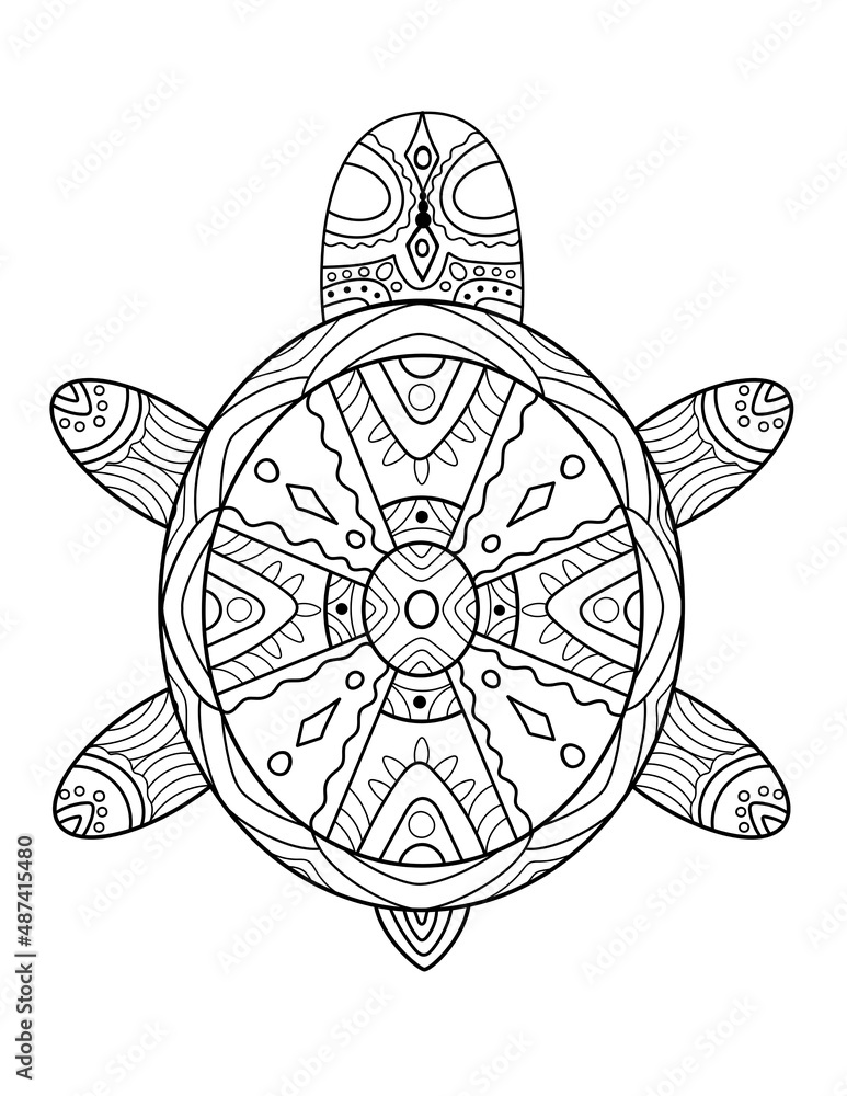 Turtle coloring page hand drawn for adults and children. Vector turtle ...