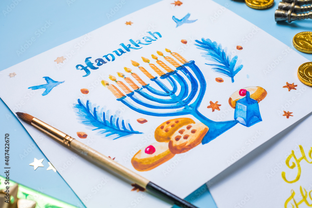 Hanukkah symbols flat lay. Traditional jewish holiday greeting card ...
