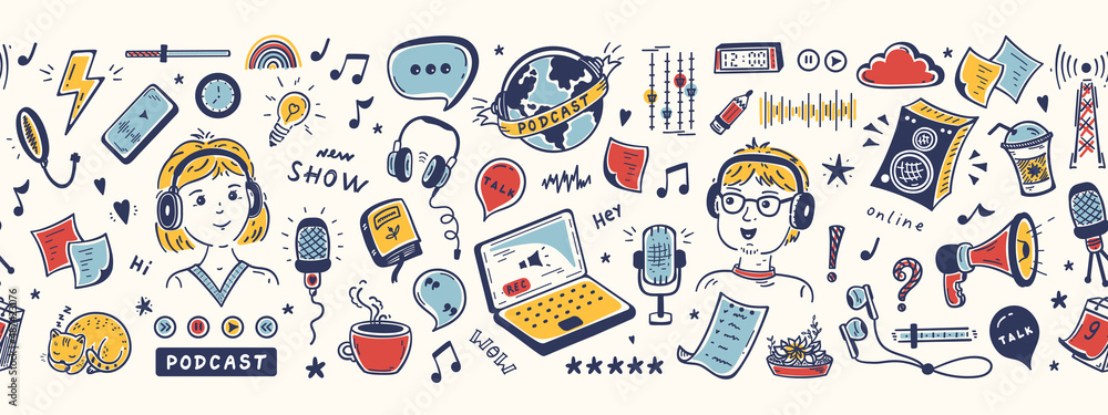 Podcast Show Equipment and Items Seamless Vector Banner. Colorful ...