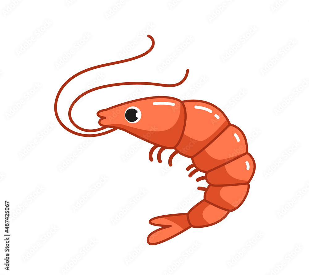 Cute pink shrimp with a smile. Vector illustration in cartoon childish ...