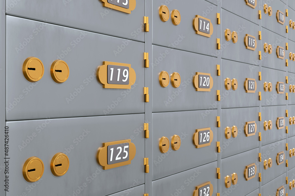 Realistic metal safe deposit boxes inside bank vault silver and gold ...