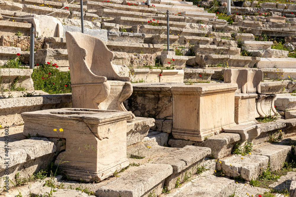 Athens, Greece. Prohedria throne seat from the Lycurgan theatre at the ...