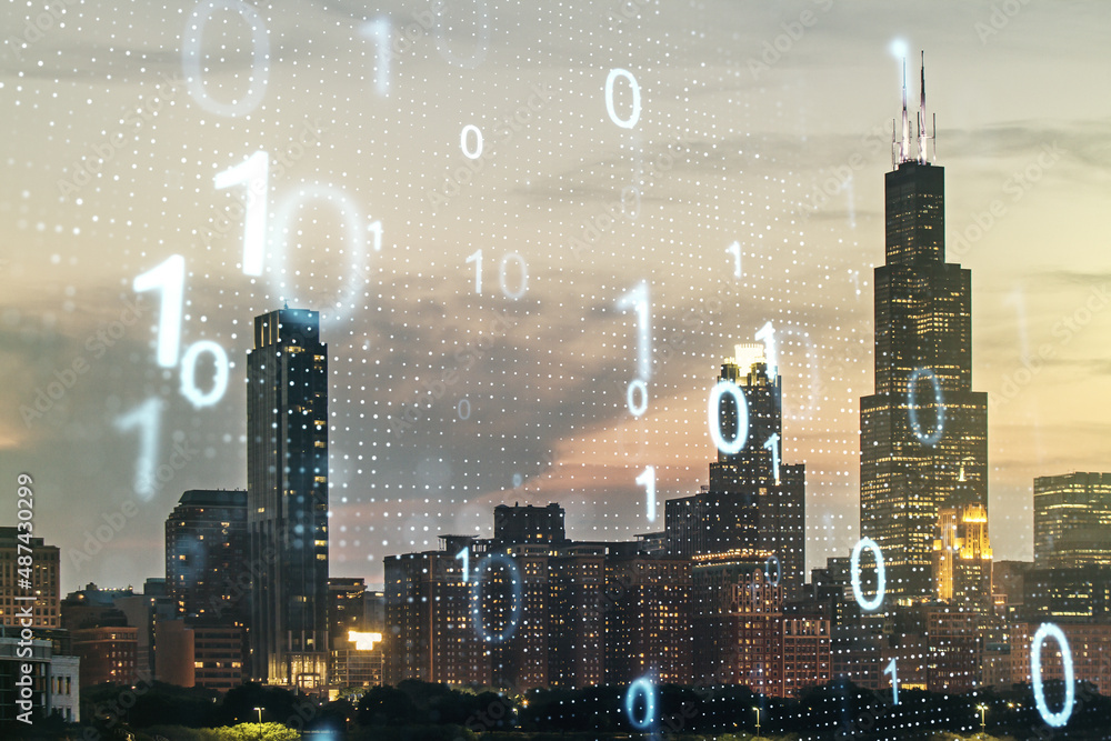 Abstract virtual binary code sketch on Chicago office buildings ...