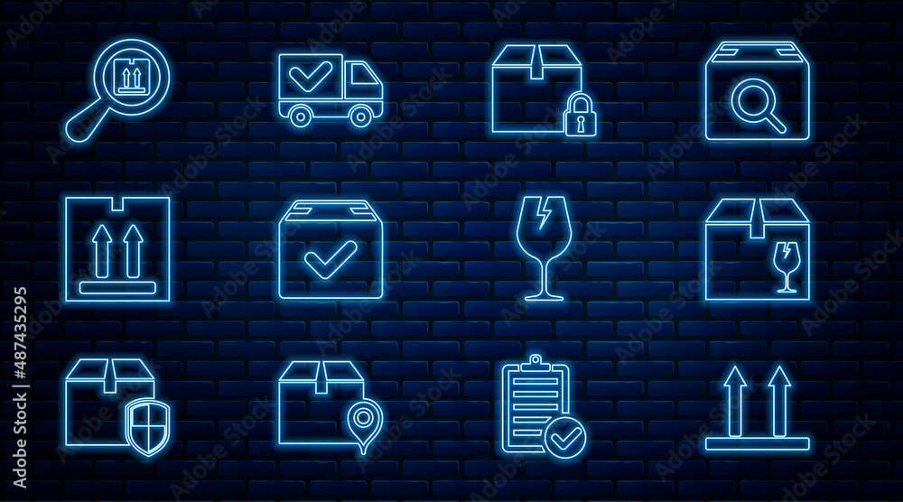 Set line This side up, Delivery box with fragile content, Locked package, Package check mark ...