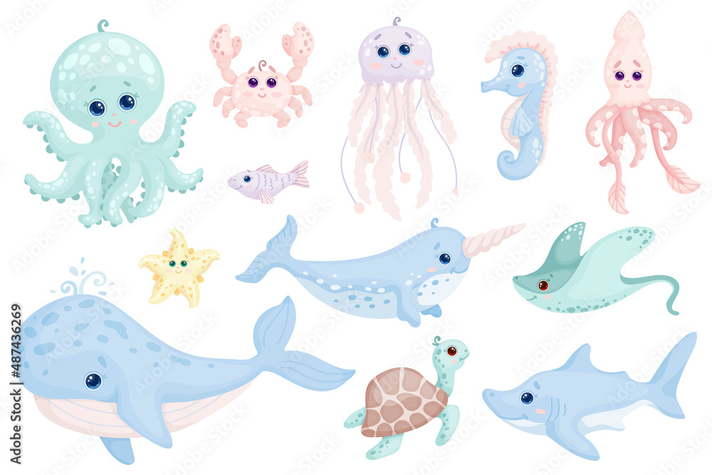Collection of cute baby marine mammals, fish, animals. Cartoon vector ...