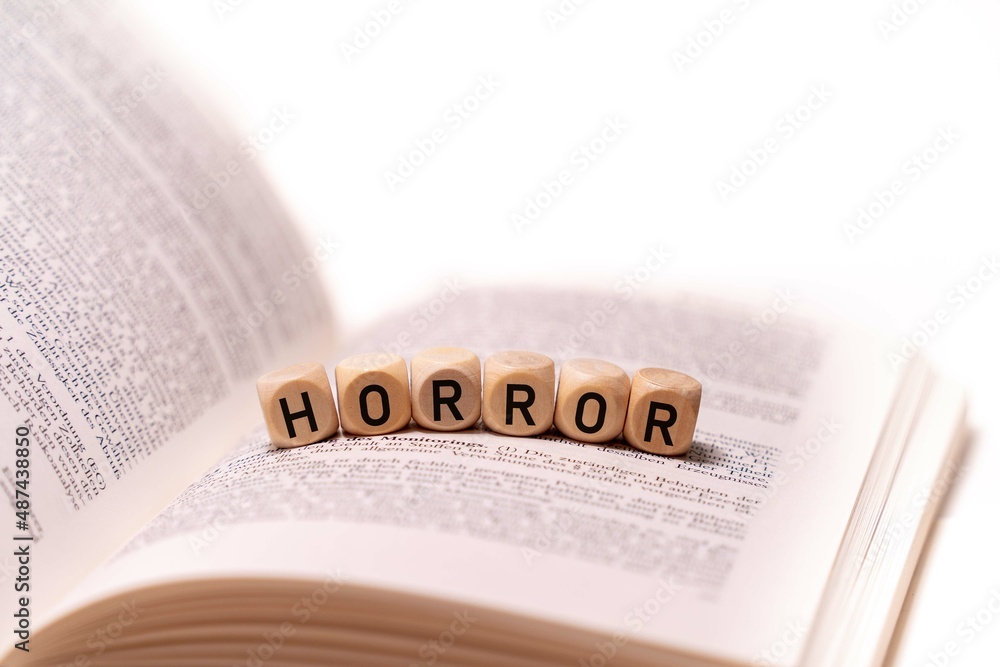 the word HORROR spelled on an open book with wooden letters, concept ...